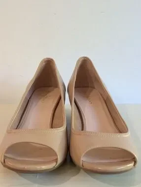 Cole Haan | Shoes | Cole Haan Tan Patent Leather Peeptoe Wedge Heels ...